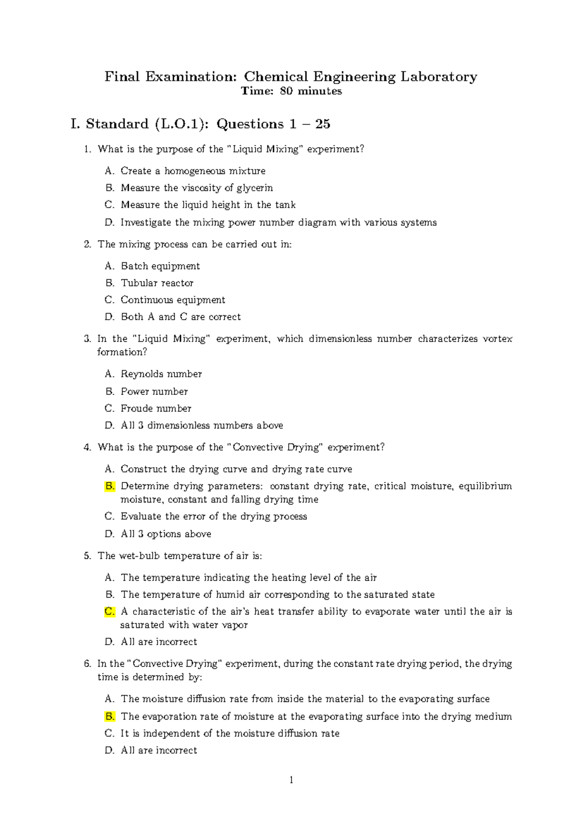 Final Exam: Chemical Engineering Laboratory (Course Code: TN LAB QTTB 2 ...