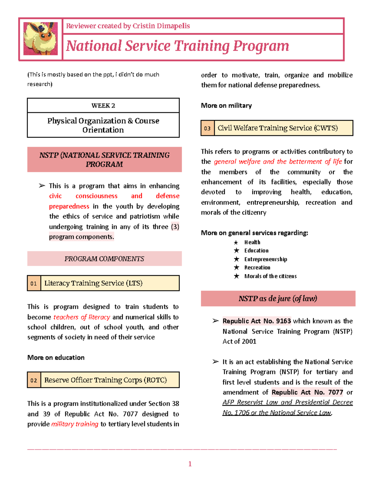 NSTP111 Reviewer: National Service Training Program Insights - Studocu