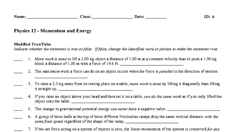 Physics 12: Momentum and Energy Practice Test - Studocu
