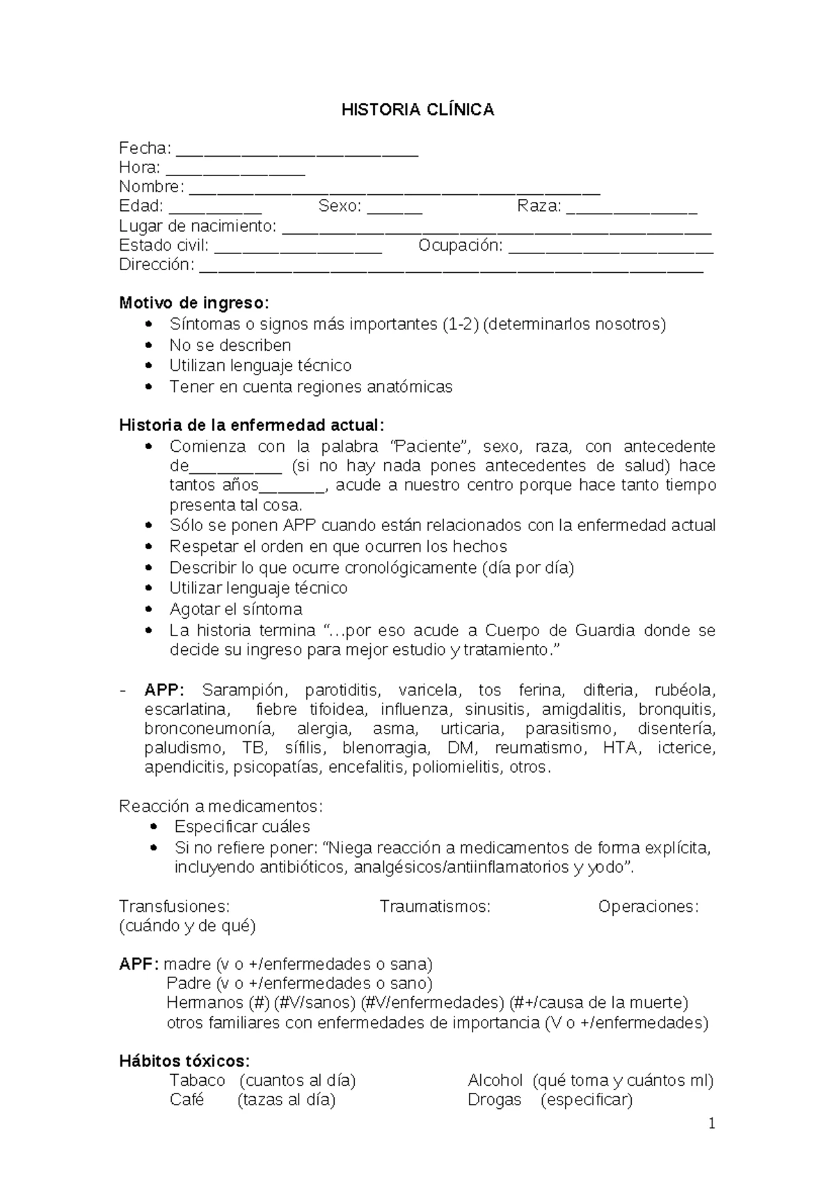 Historia Clínica y Examen Físico Completa - HISTORIA CLÍNICA Fecha