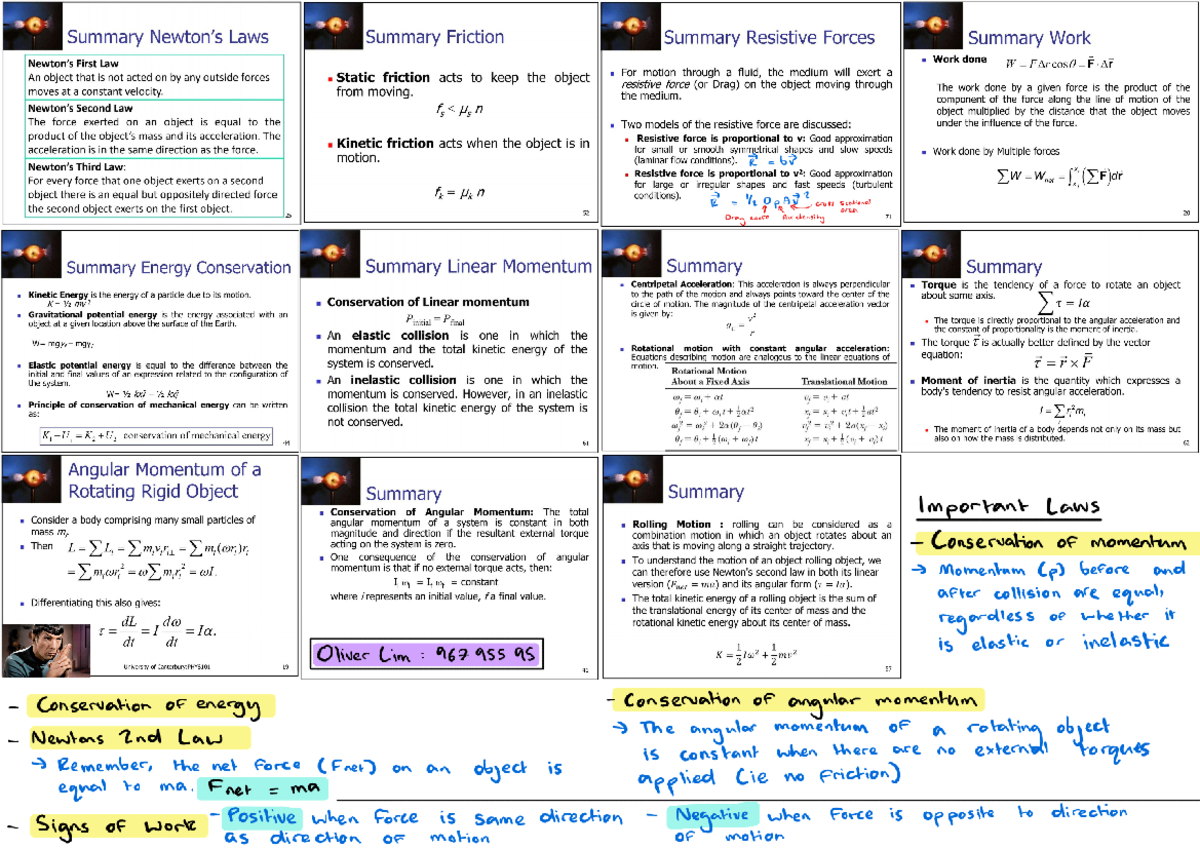 PHYS101 TestA Cheat Sheet - Summary Laws Summary Friction Summary ...