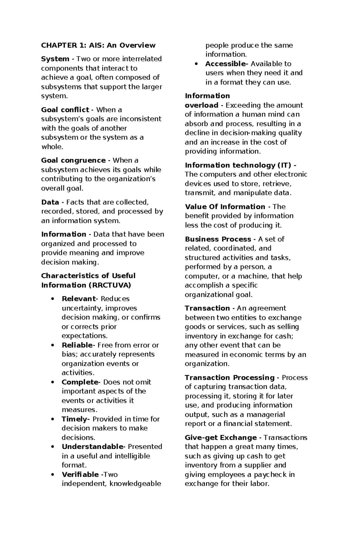 Ais Notes Accounting Information System Chapters 1 2 Review Studocu
