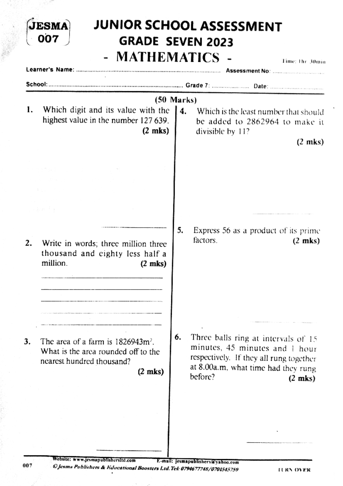 Jesma 007 maths - Education is the key - JESMA JUNIOR SCHOOL ASSESSMENT ...
