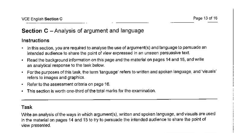 VCE English Section C: Analysis of Argument & Language Techniques - Studocu