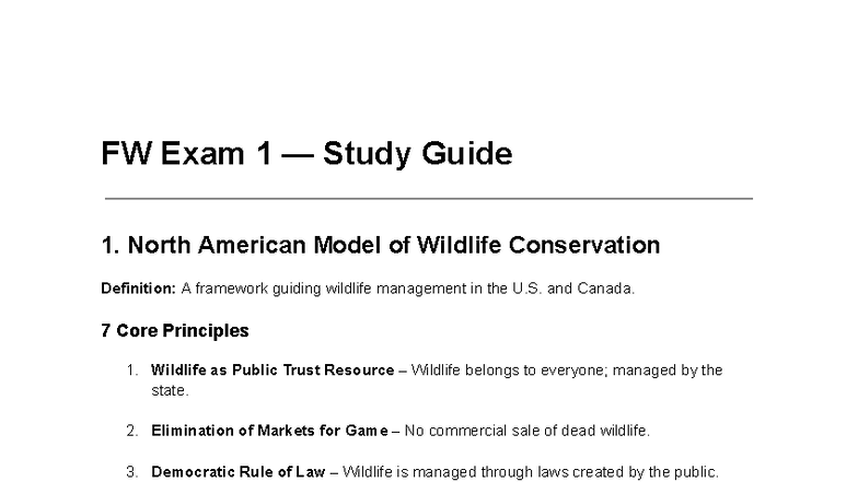 FW 101 Exam 1 Study Guide: North American Wildlife Conservation - Studocu