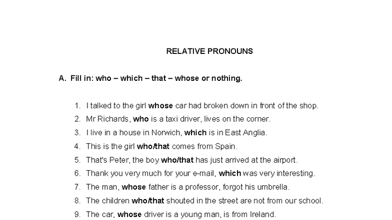 Worksheet on Relative Pronouns: Key Answers - Studeersnel