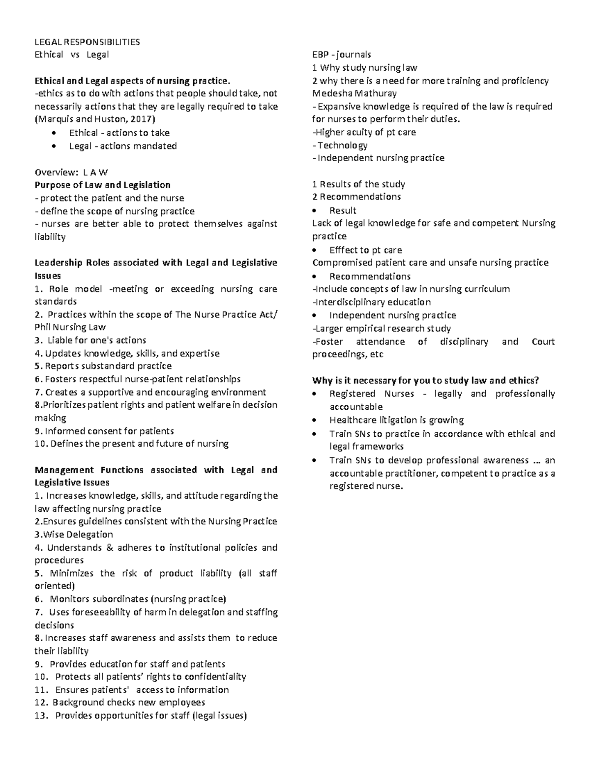 Legal Responsibilities in Nursing: Ethics, Laws, and Patient Care - Studocu