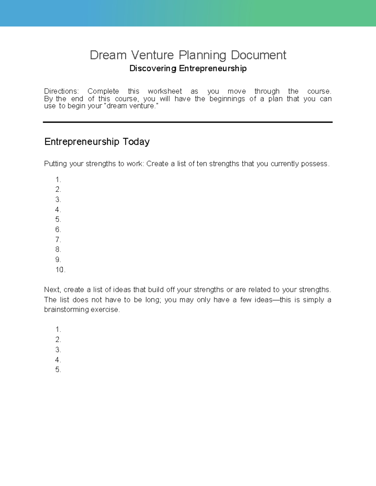 Dream venture planning worksheet - Dream Venture Planning Document ...