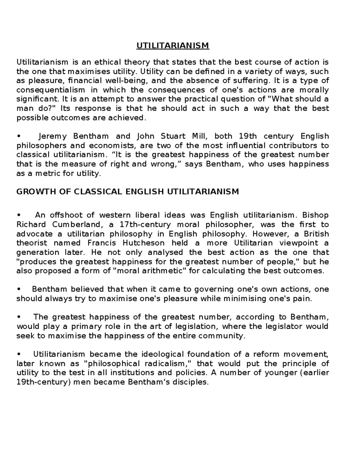 Utilitarianism: Classical Theory and Its Impact on India - Studocu