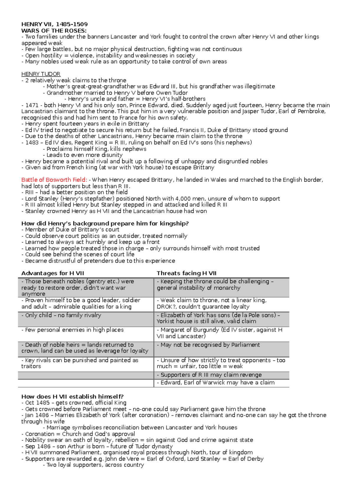 Tudors notes - HENRY VII, 1485- WARS OF THE ROSES: Two families under ...