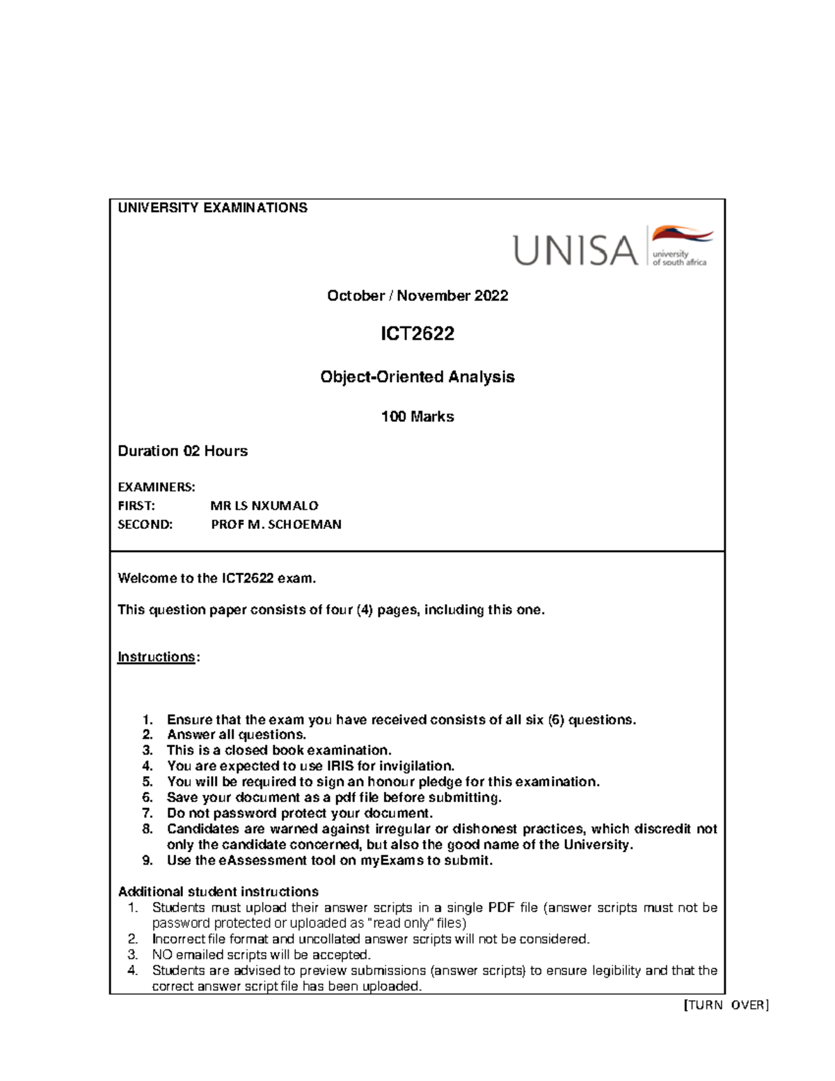 ICT2622 Oct-Nov 2022 Object-Oriented Analysis Exam Paper - Studocu