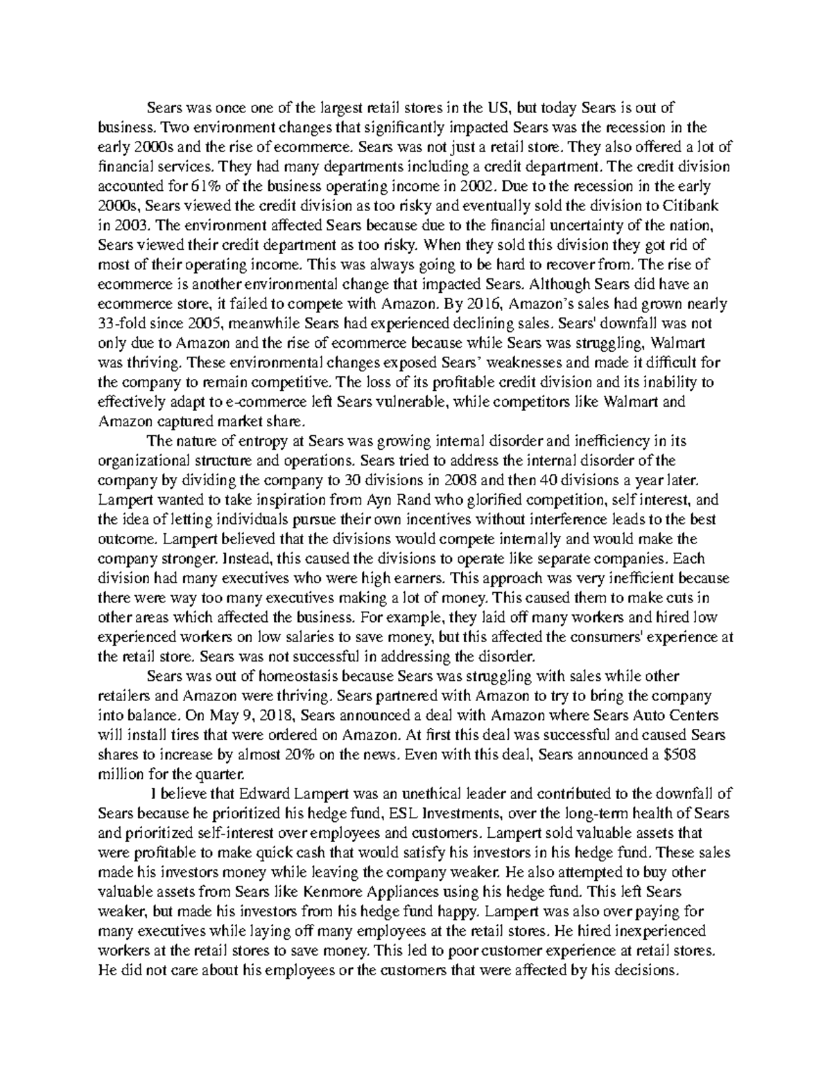 Case Study: The Downfall of Sears - Environmental Impacts and ...