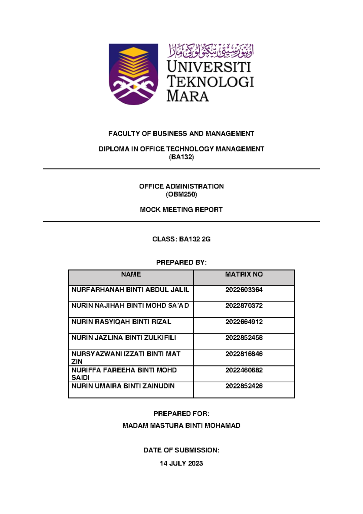 OBM 250 MOCK Meeting Report - Group BA132 Evaluation & Findings - Studocu