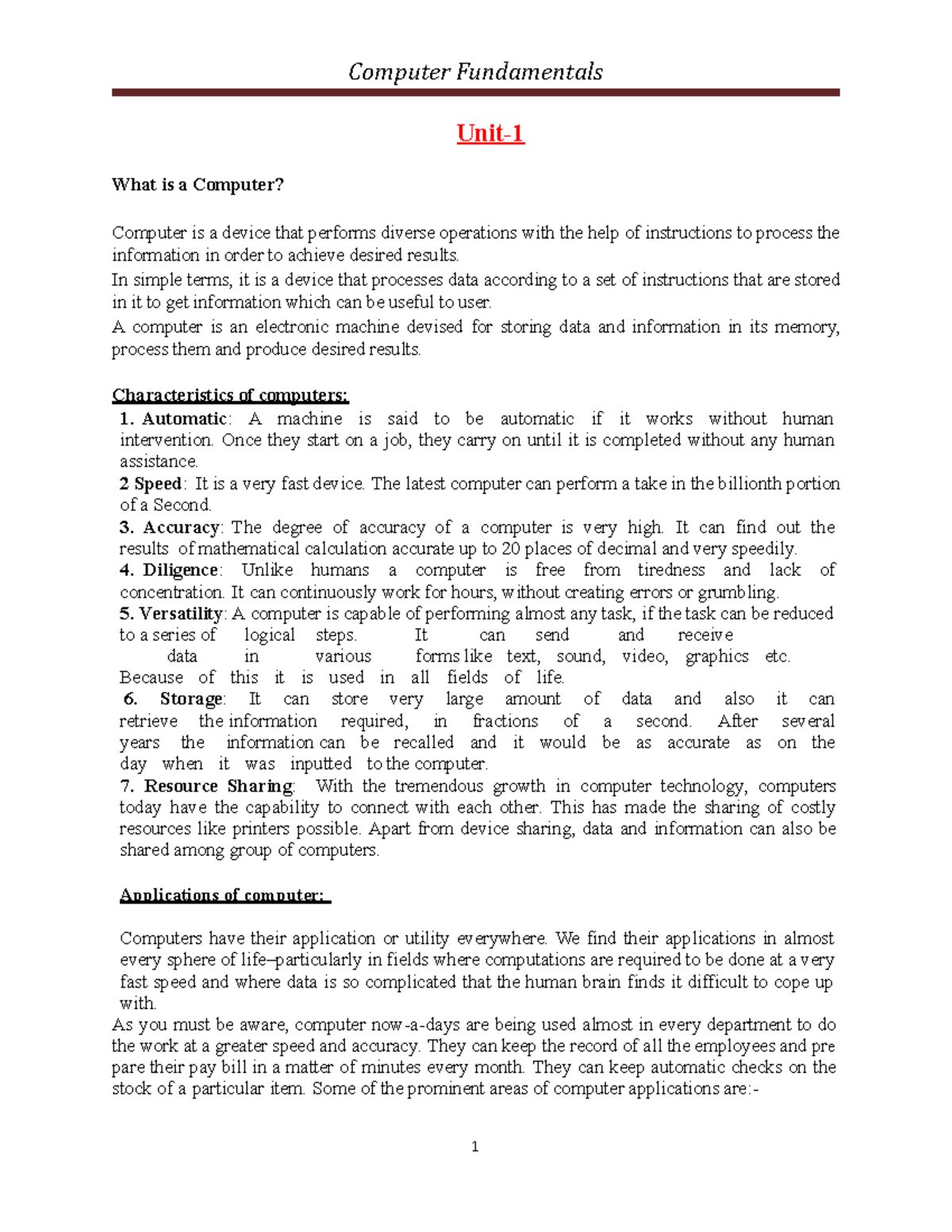 Unit-1 IT - BBA NOTES - Computer Fundamentals Unit-1 What is a Computer ...