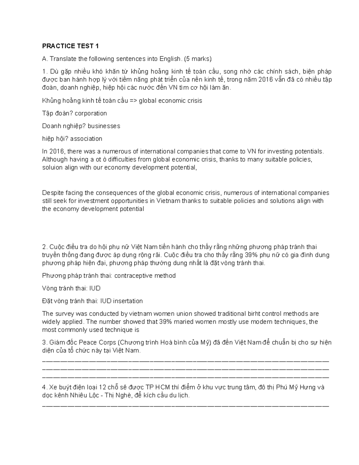 Practice TEST 1 - Basic translation - PRACTICE TEST 1 A. Translate the ...