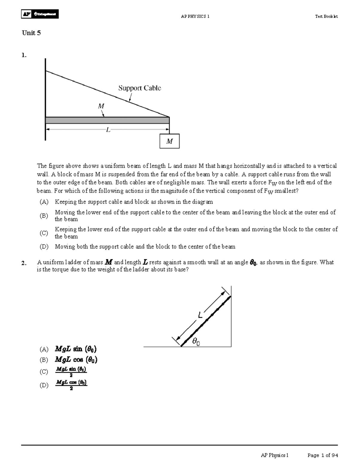 AP PHYSICS 1 Test Booklet Unit 5: Torque and Angular Motion Concepts ...