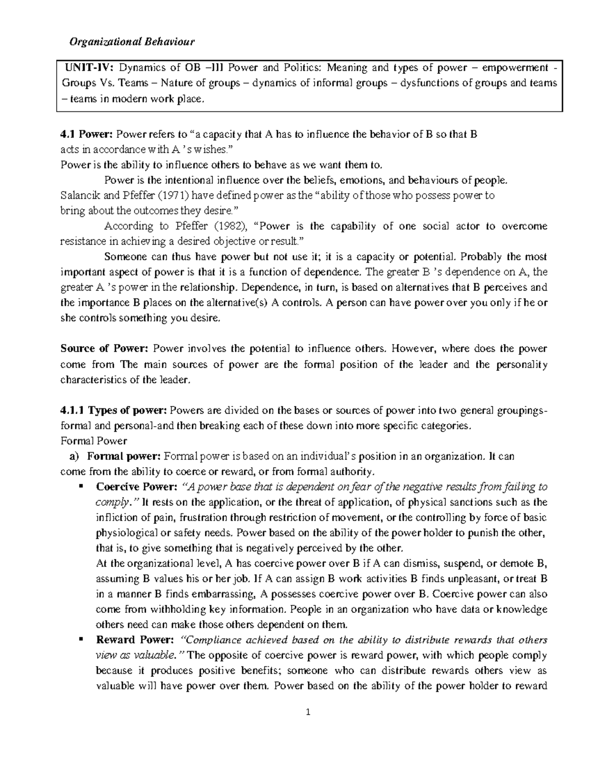 Unit-4 OB: Dynamics of Power, Groups, and Teams in Organizational ...
