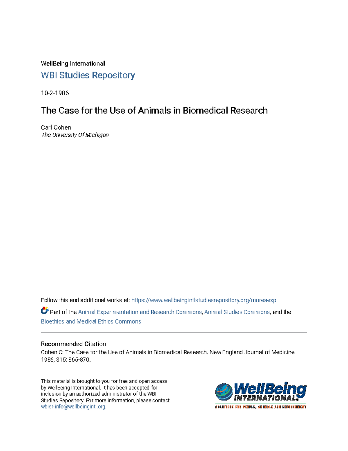 The Case for the Use of Animals in Biomedical Research (WBI 315) - Studocu