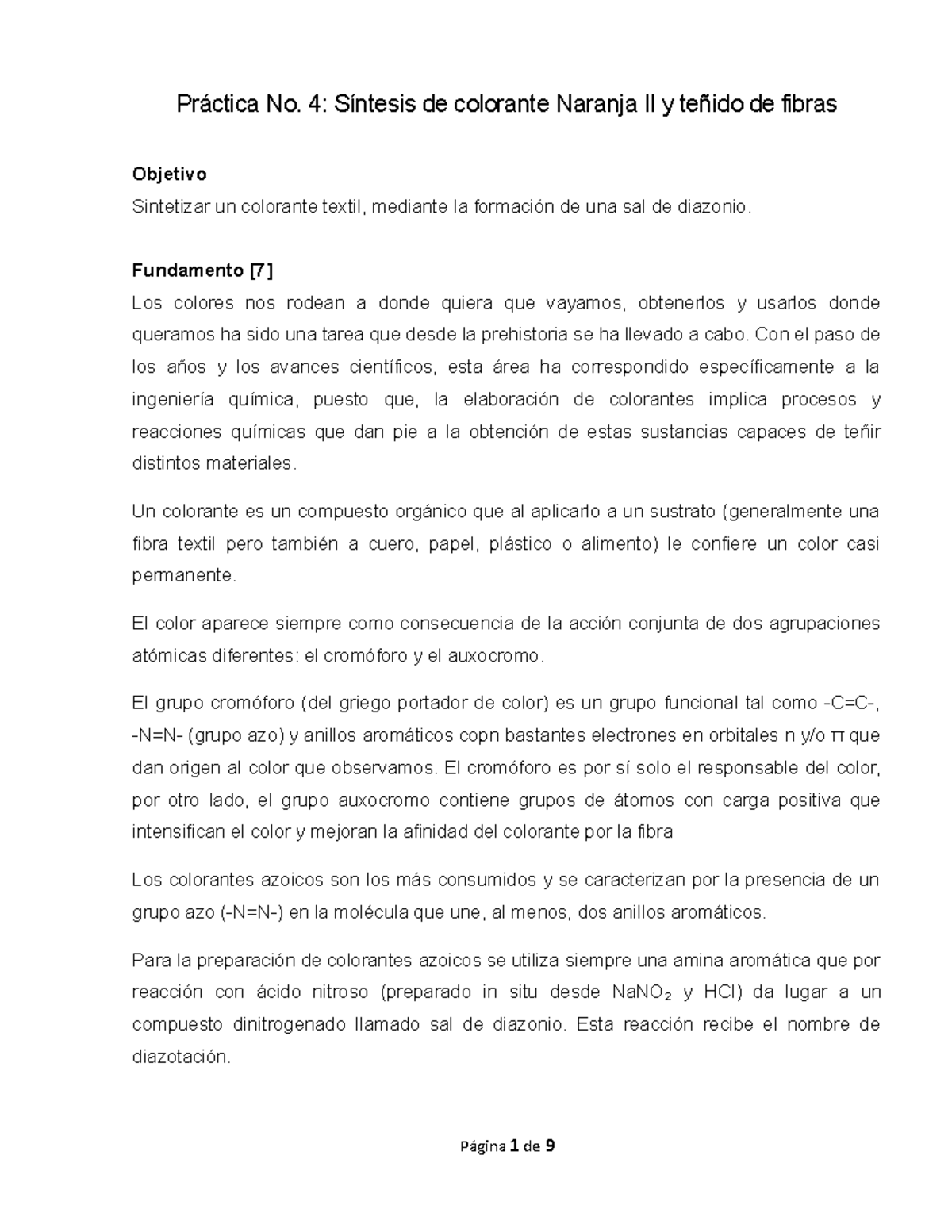 Reporte 4: Síntesis del Colorante Naranja II y Teñido de Fibras - Studocu