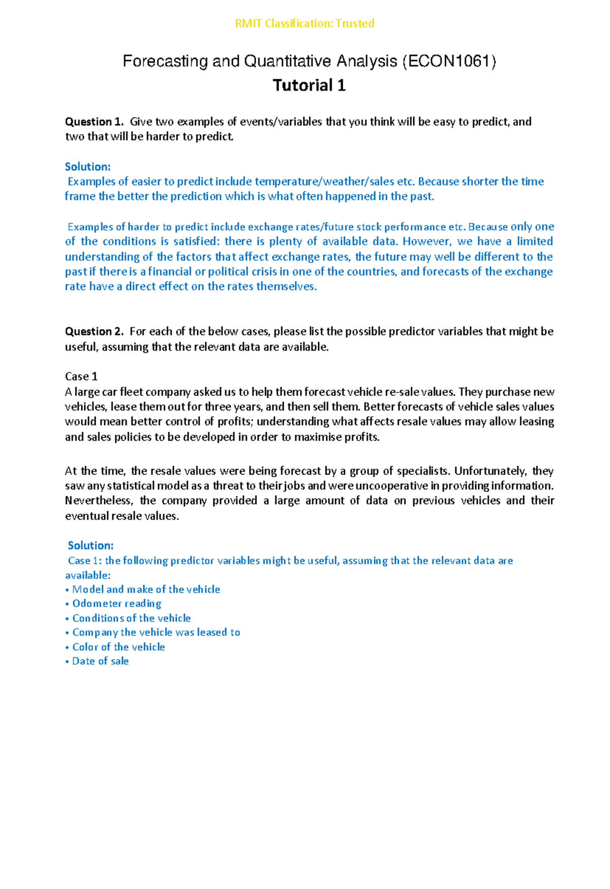 ECON1061 Tutorial 1 Solutions: Predicting Events & Variables - Studocu