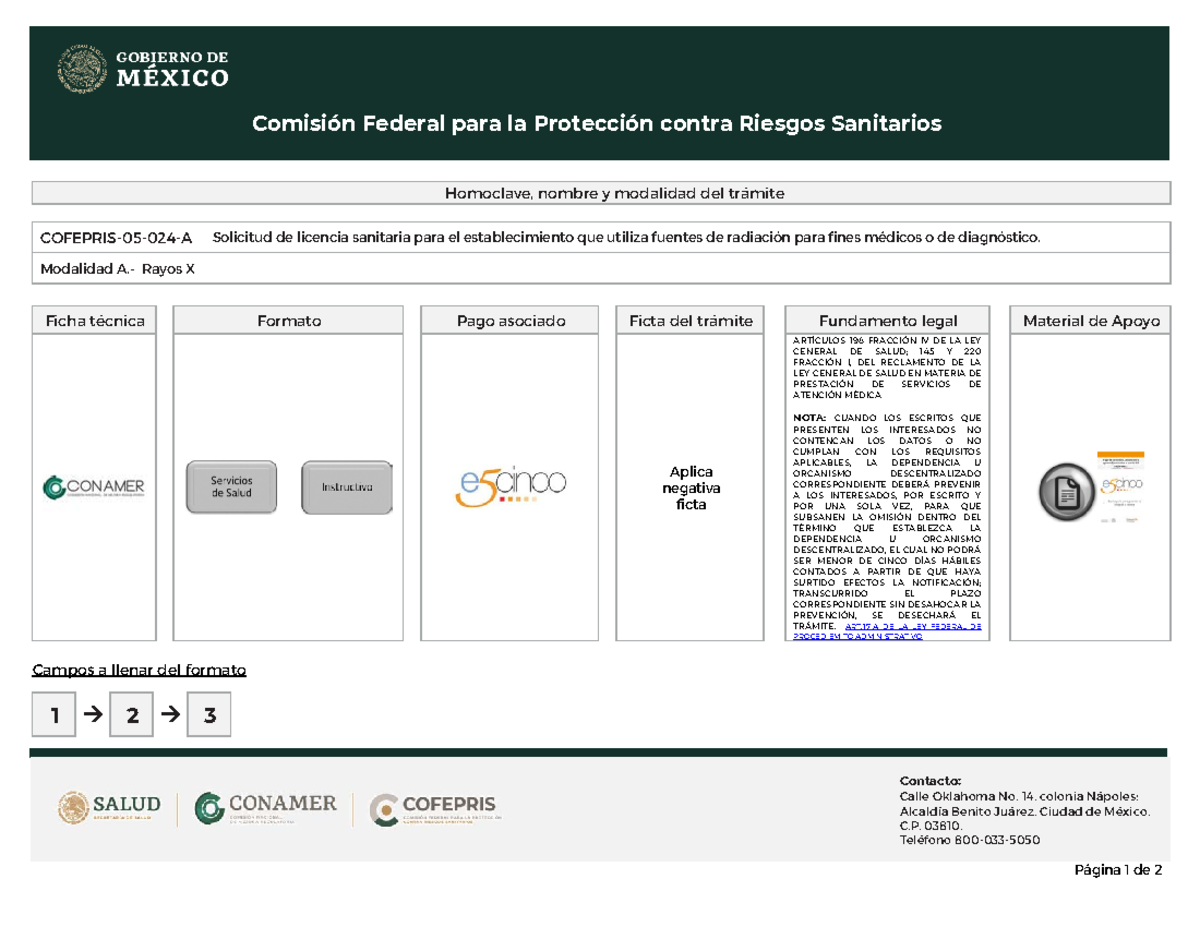 Solicitud de Licencia Sanitaria COFEPRIS-05-024-A para Rayos X - Studocu