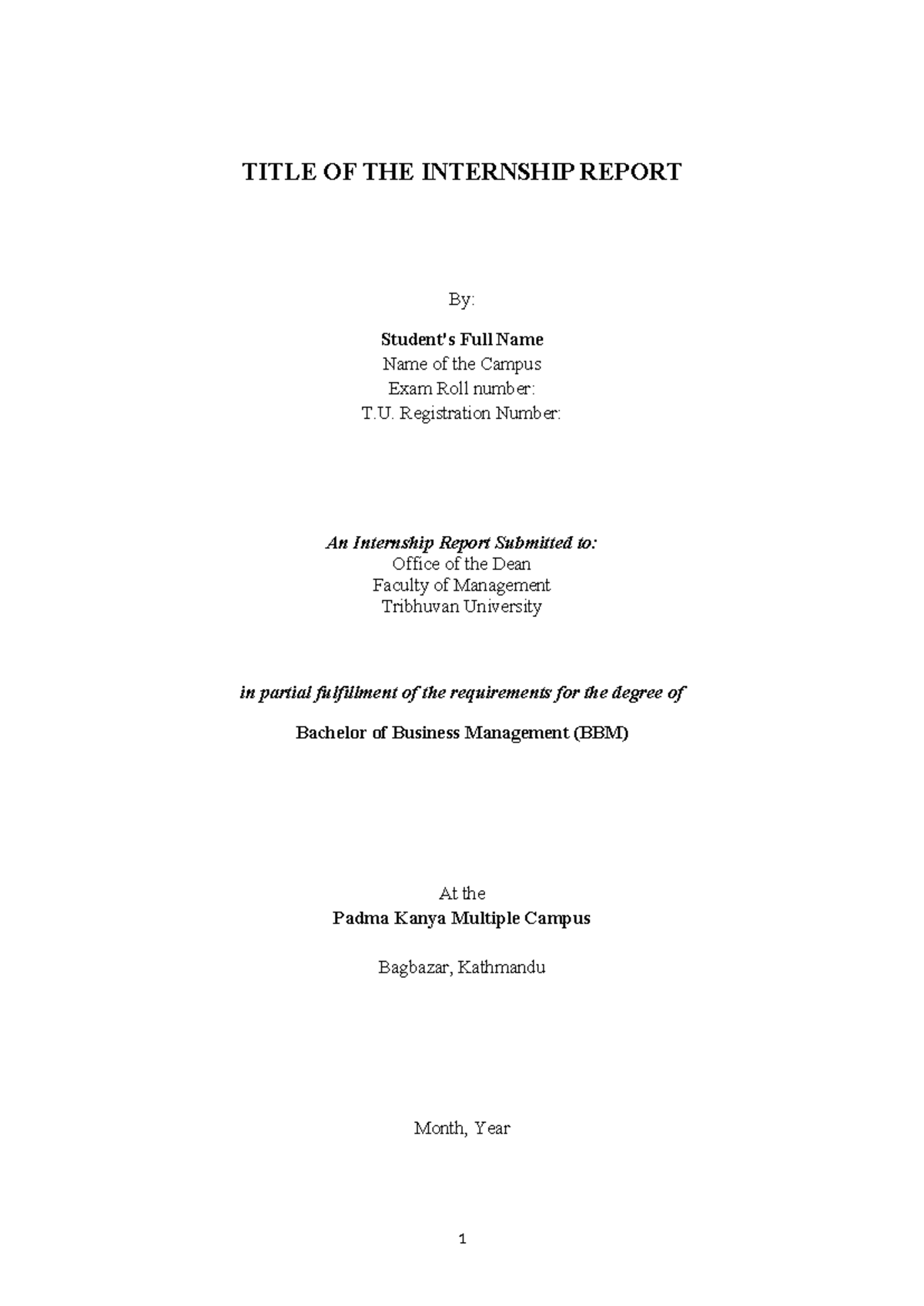 Internship Report Format for BBM 8th Semester - FOM TU - Studocu