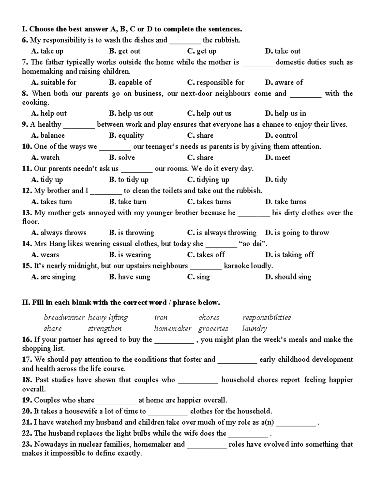 [U1]Eng10 - Family Roles and Responsibilities Quiz - Studocu
