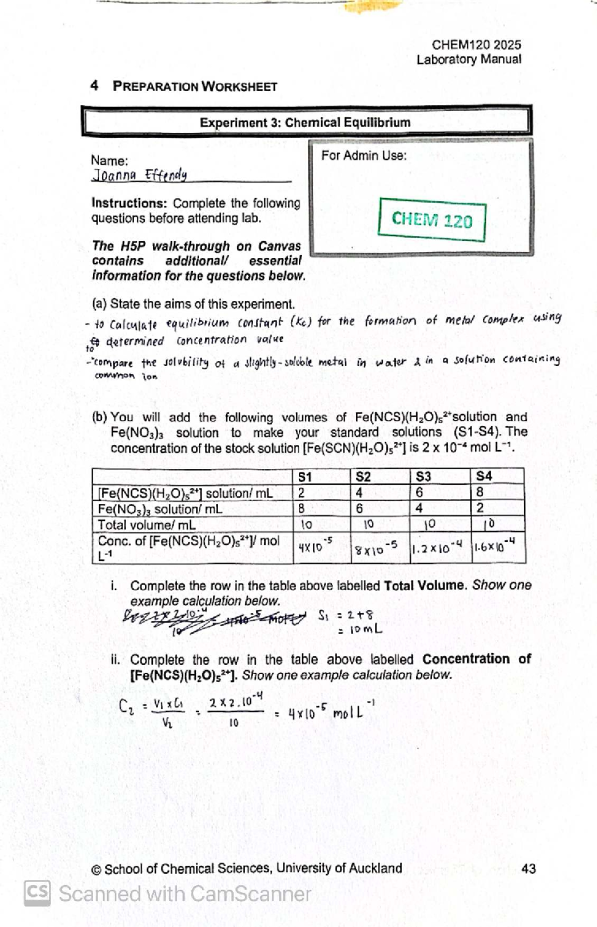 Lab 3 Worksheet: CHEM120 2025 Chemical Equilibrium Experiment - Studocu