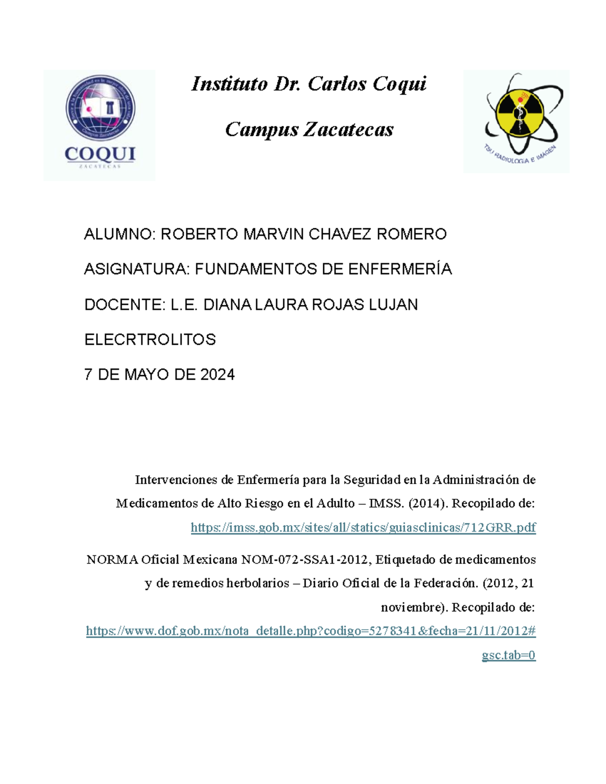 Electrolitos - Instituto Dr. Carlos Coqui Campus Zacatecas ALUMNO ...