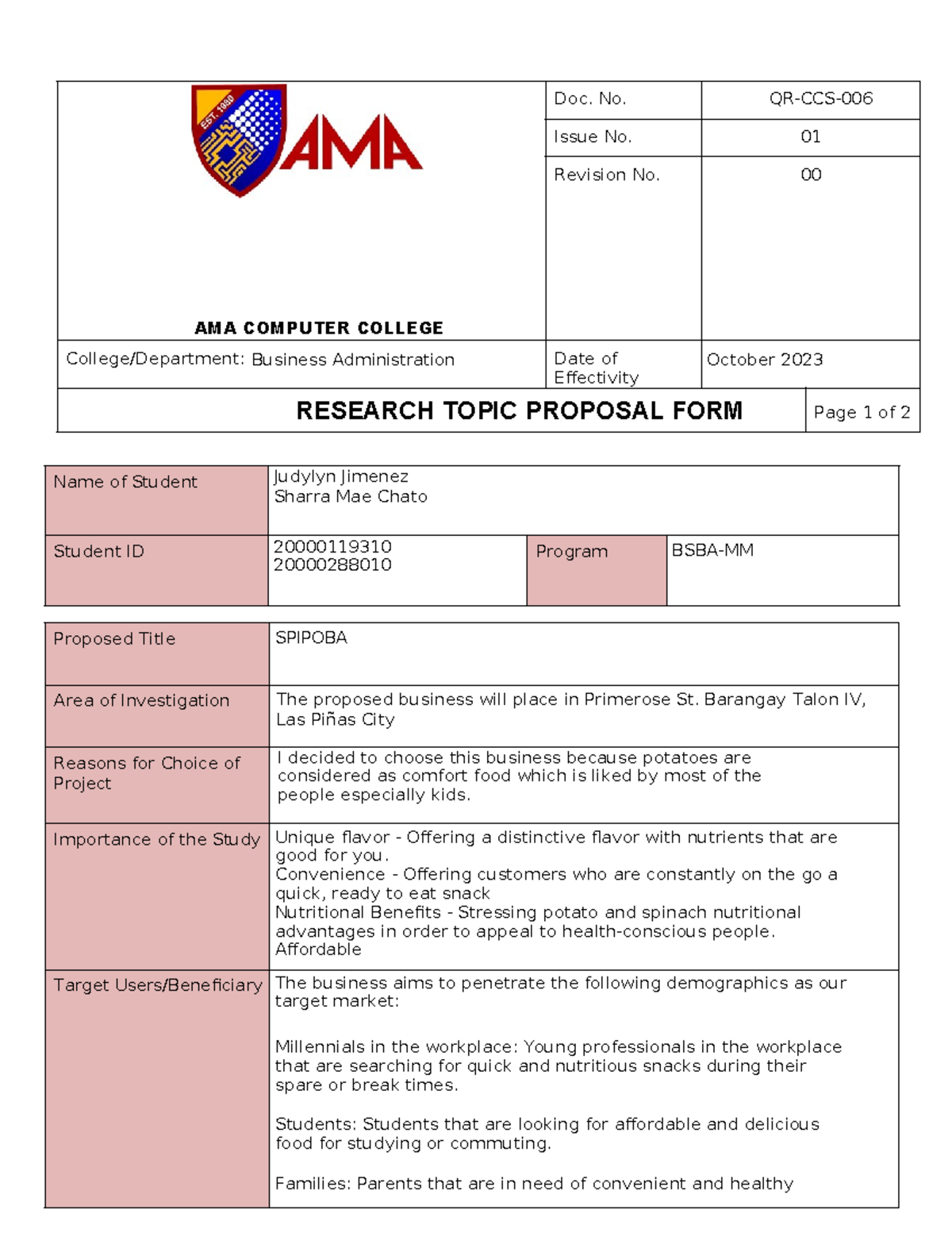 Thesis Topic Proposal Form Signed 1 - AMA COMPUTER COLLEGE Doc. No. QR ...