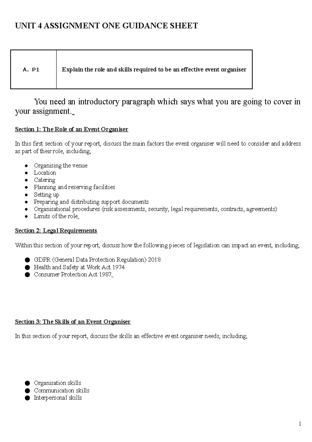 Unit 4 Assignment 1 Guidance Sheet Unit 4 Assignment One Guidance Sheet A P1 Explain The Role
