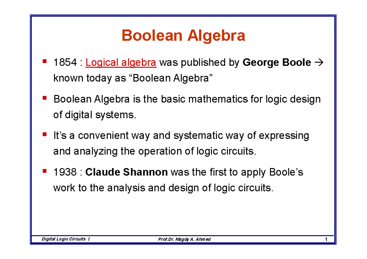 Digital Logic Circuits I L2 - Lecture on Boolean Algebra - Studocu