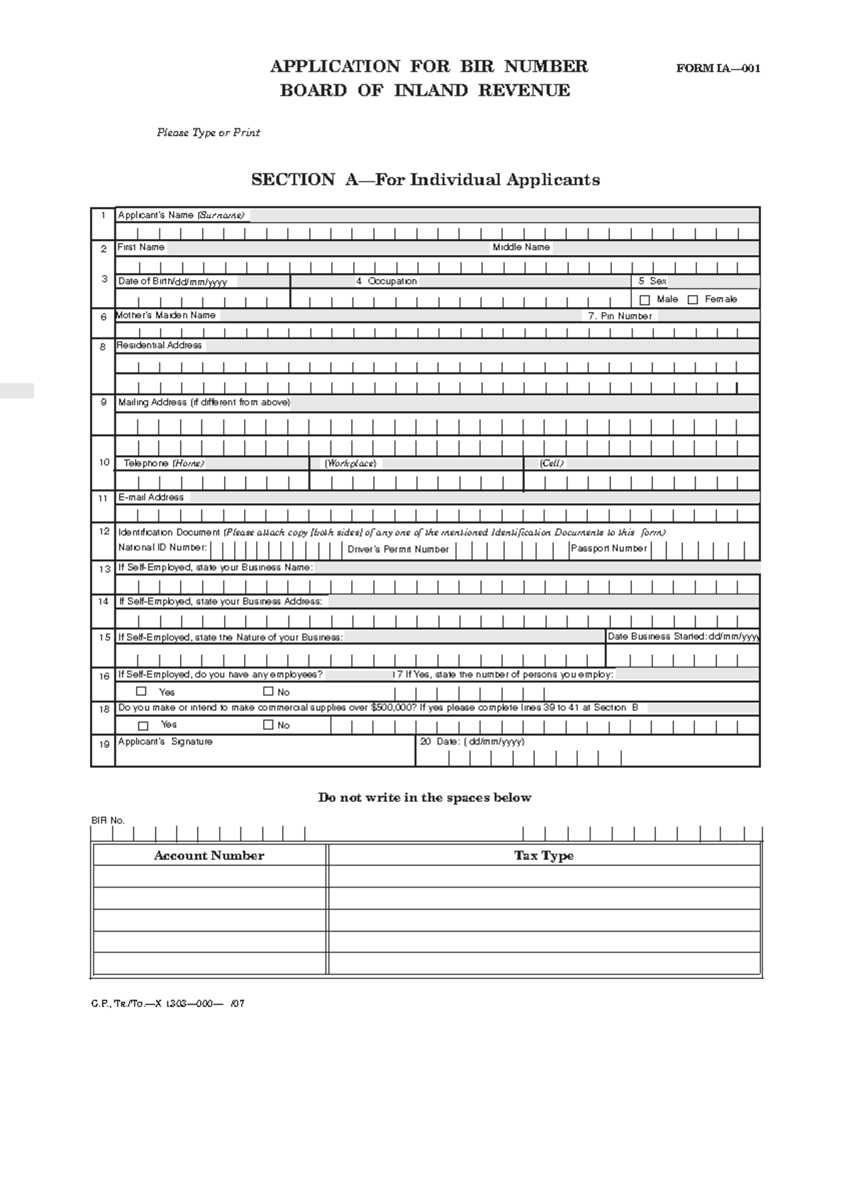 B IA001 - Application Form for BIR Number - Individual Applicants - Studocu