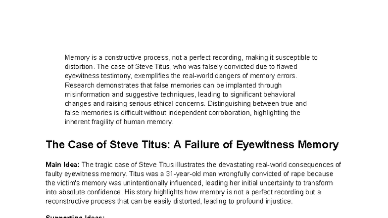 Foundations of Memory Research: The Case of Steve Titus (PSY 101) - Studocu