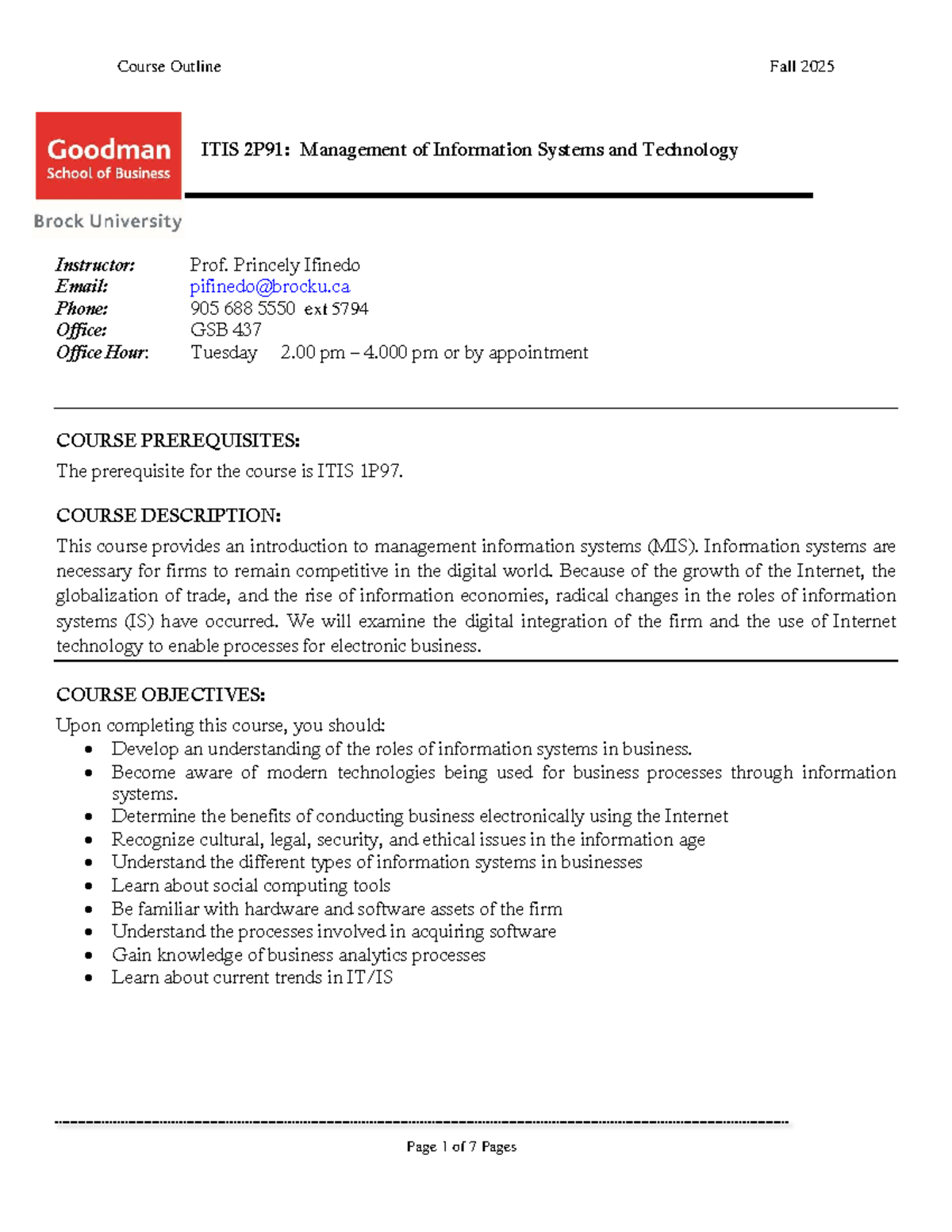 ITIS 2P91 Course Outline: Management of Information Systems - Fall 2025 ...