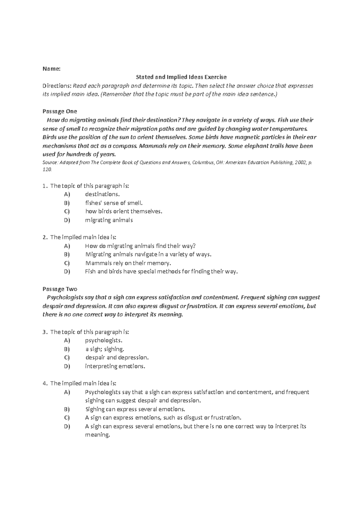 Practice Main Idea Exercise: Stated & Implied Ideas (ENG 101) - Studocu