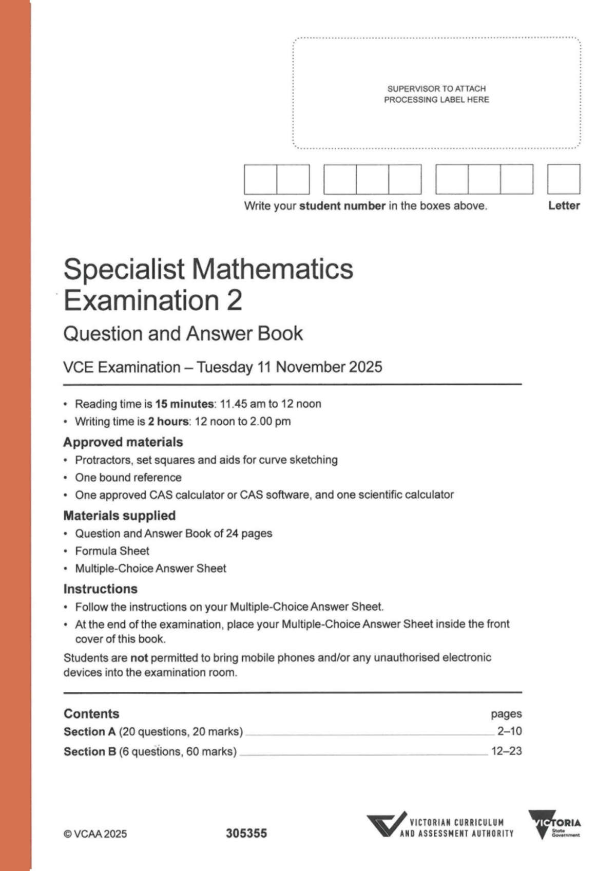 2025 VCE Specialist Mathematics Exam 2 Question & Answer Book - Studocu