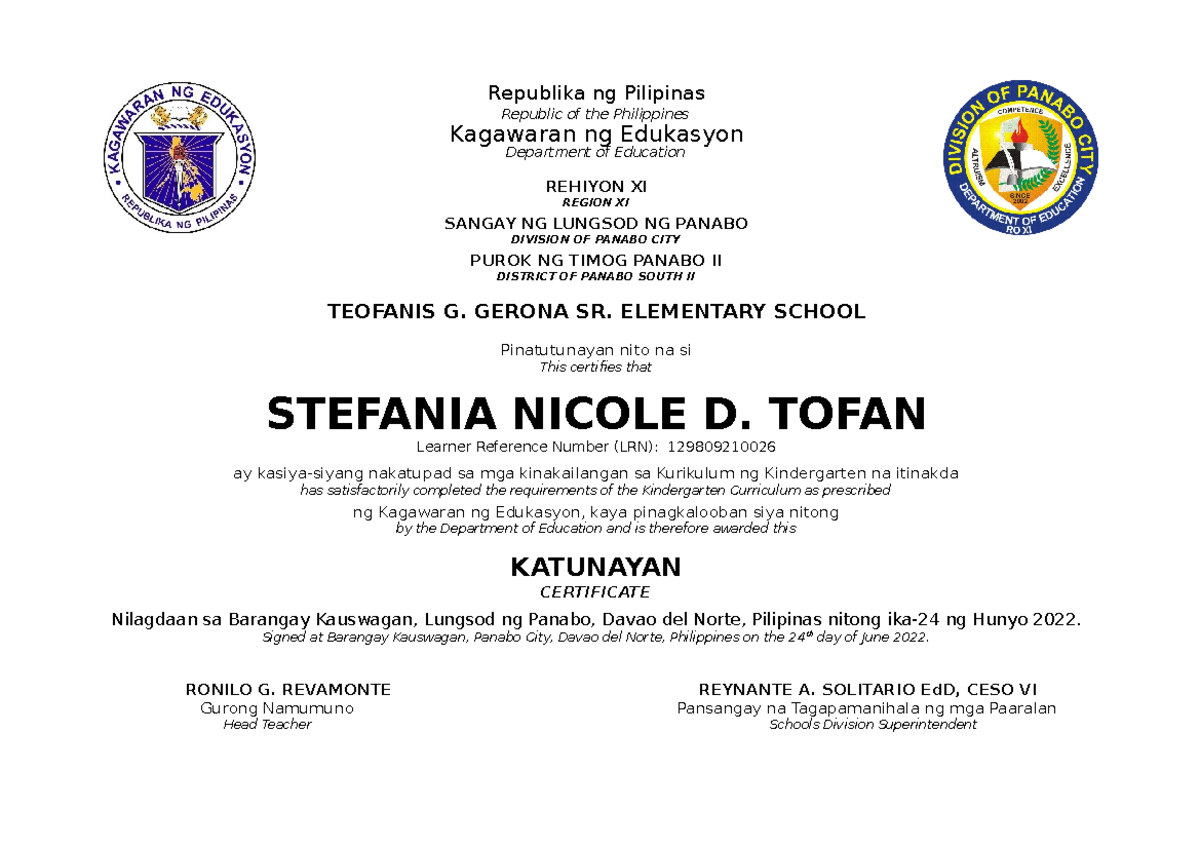 Katunayan- Kinder- Edited - Republika ng Pilipinas Republic of the ...