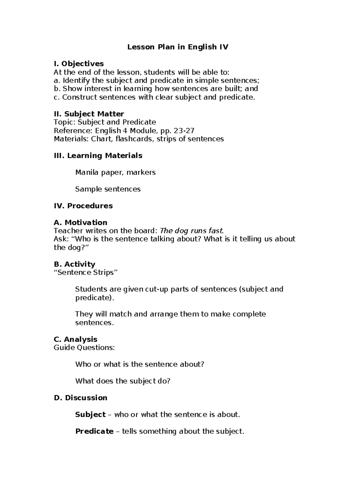 Subject and Predicate - English IV Lesson Plan - Studocu
