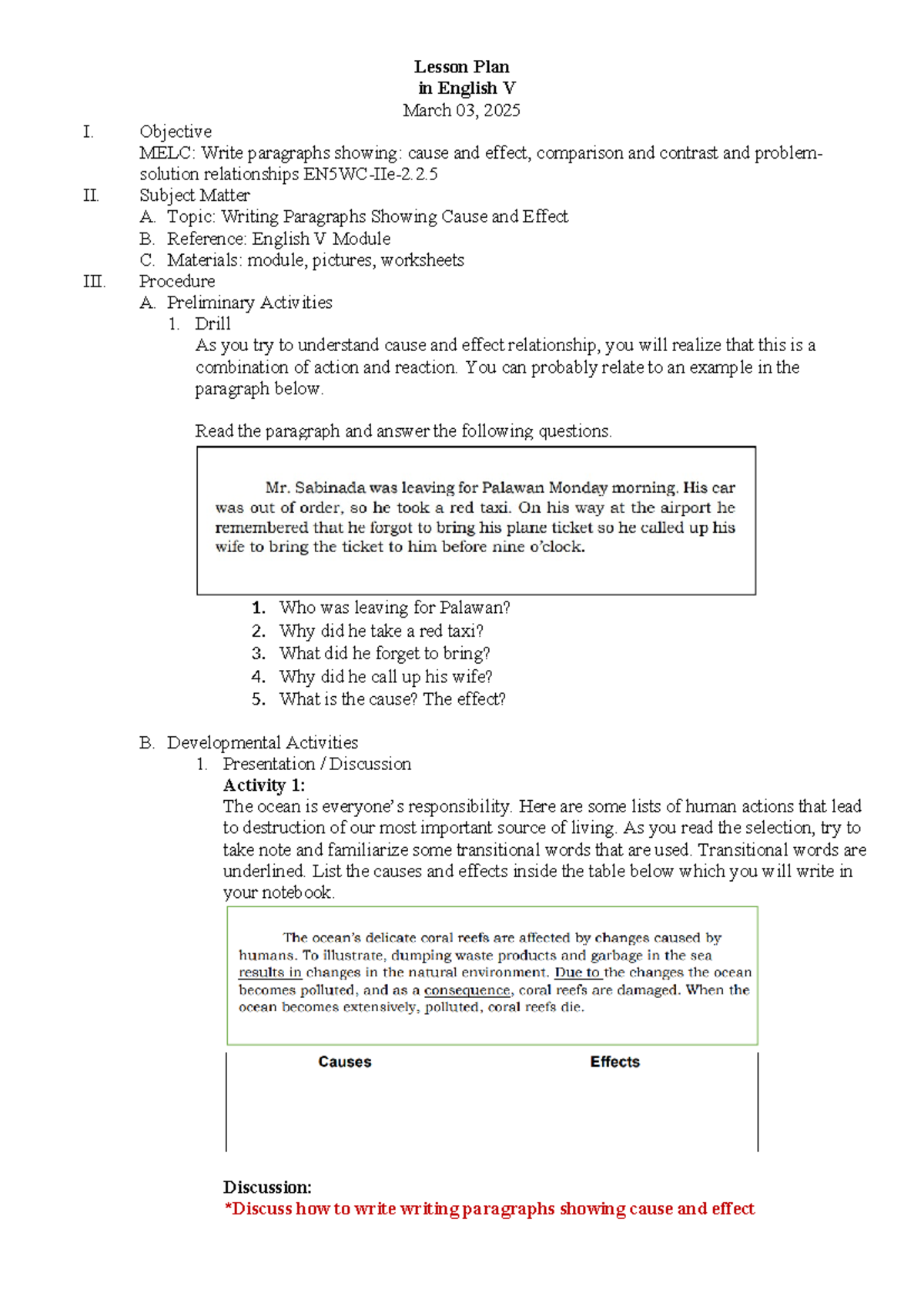 ENG GIYA - semi-detailed lesson plan - Lesson Plan in English V March 03, 2025 I. Objective MELC ...