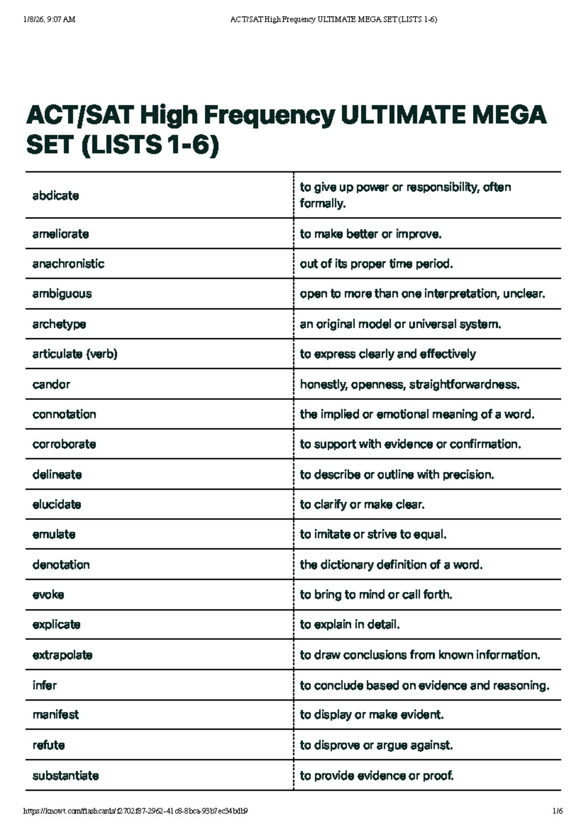 ACT SAT High Frequency Ultimate MEGA SET (Lists 1-6) - Studocu