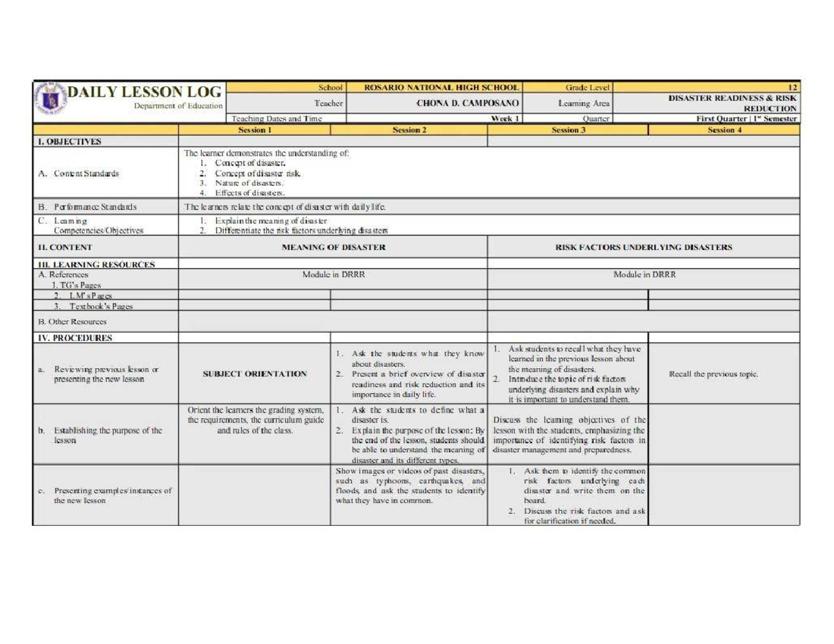 DRRR DLL Week 1 - Lesson Plan for Disaster Readiness and Risk Reduction ...