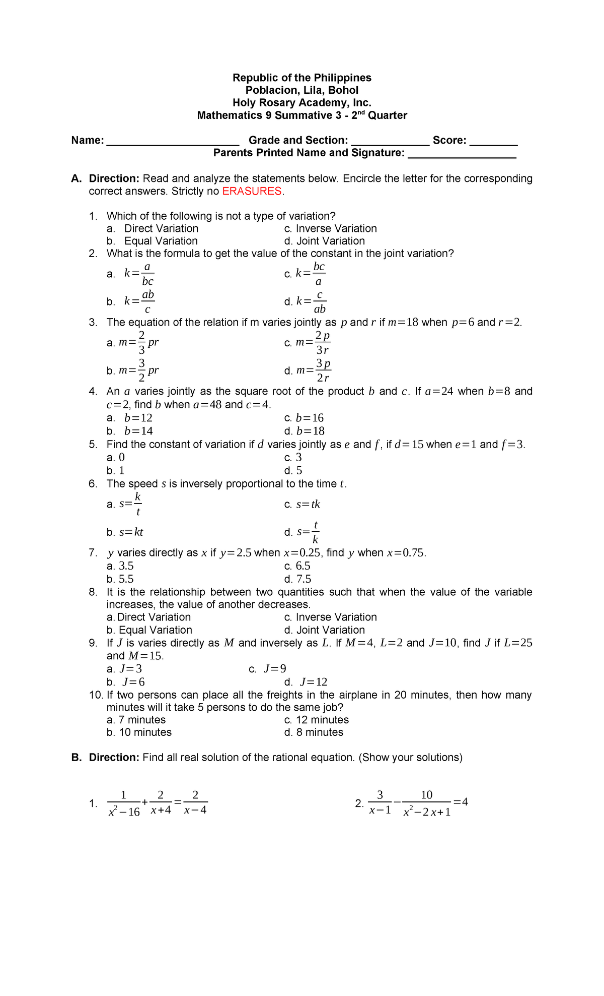 Grade 9 Math- Summative Test 2 - Copy - Republic of the Philippines ...