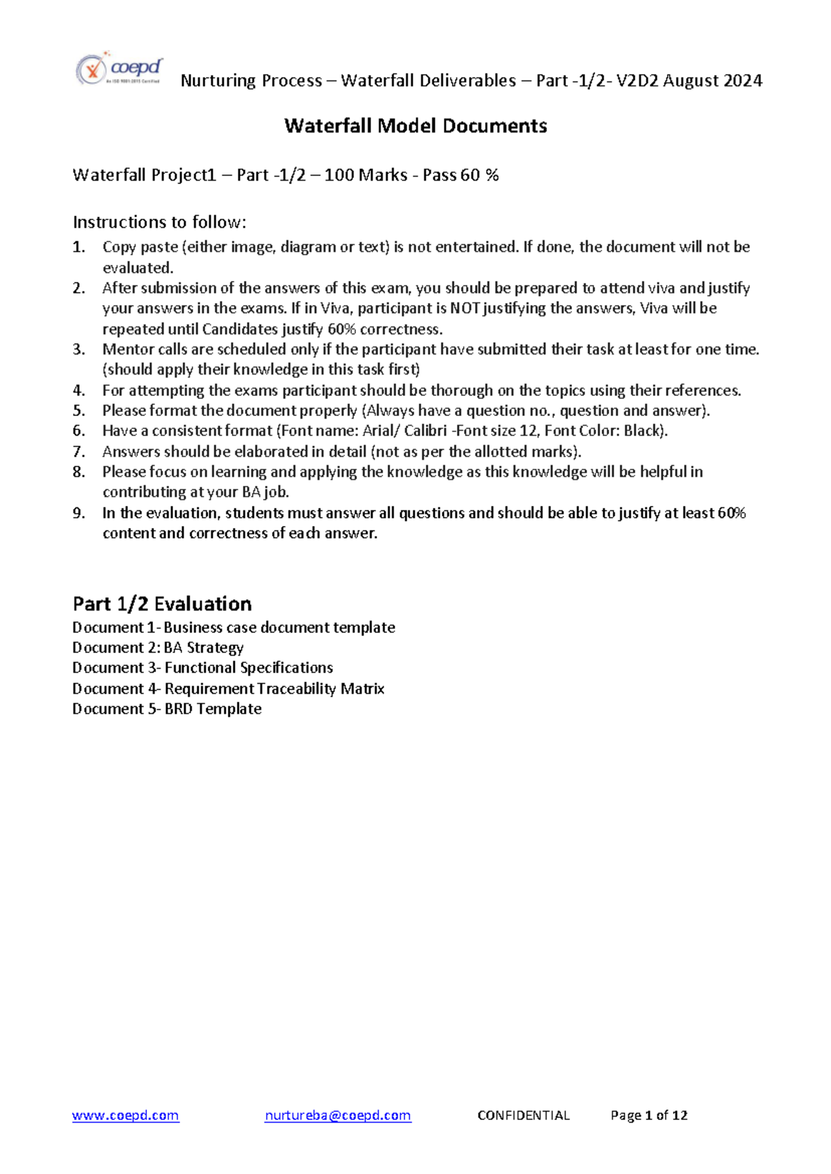 Waterfall Model Deliverables Part V2D2 - Exam Instructions & Evaluation ...