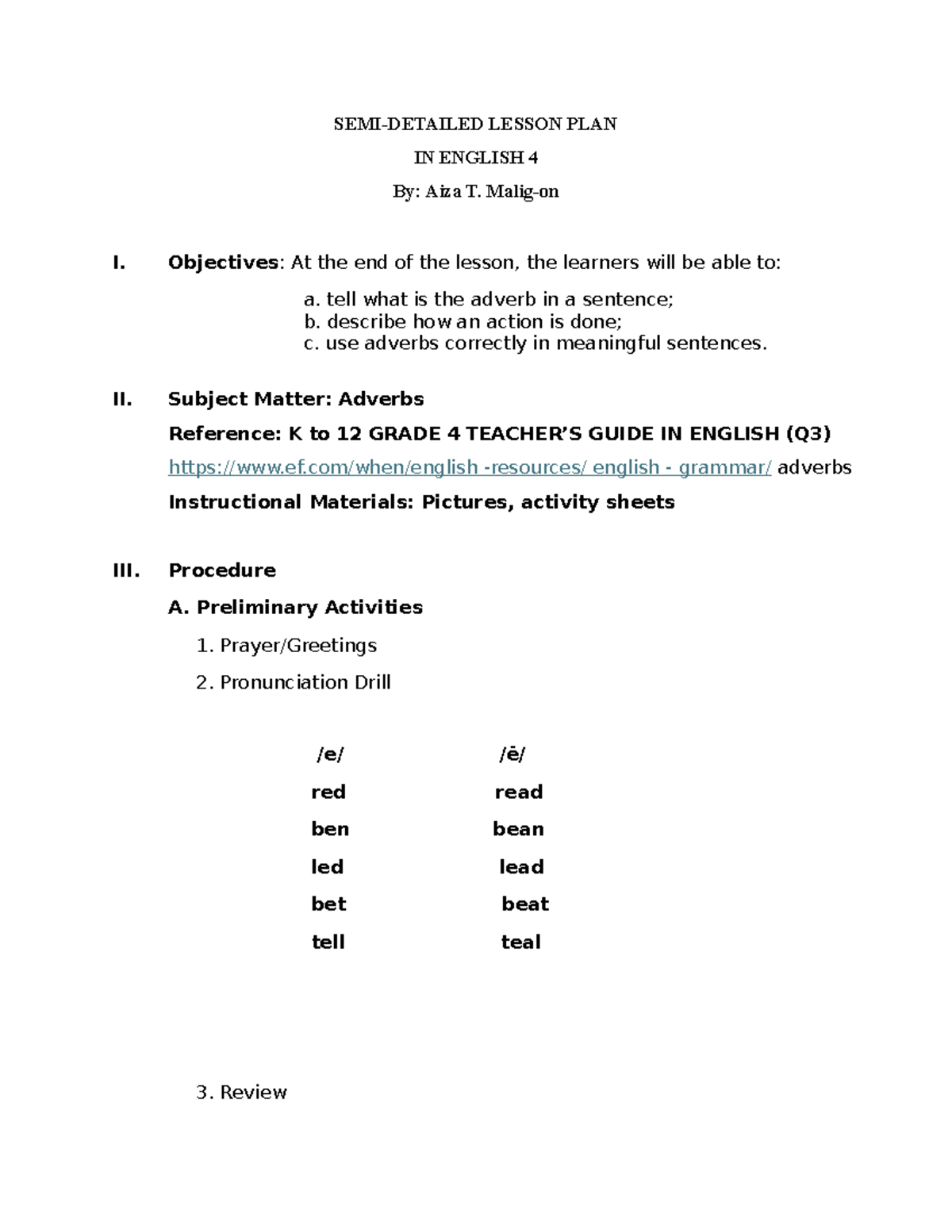 Lesson Plan in English 4: Understanding Adverbs - Studocu