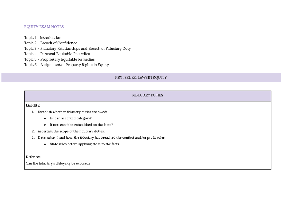 Law3111 Equity Exam Notes: Comprehensive Step-by-Step Guide - Studocu