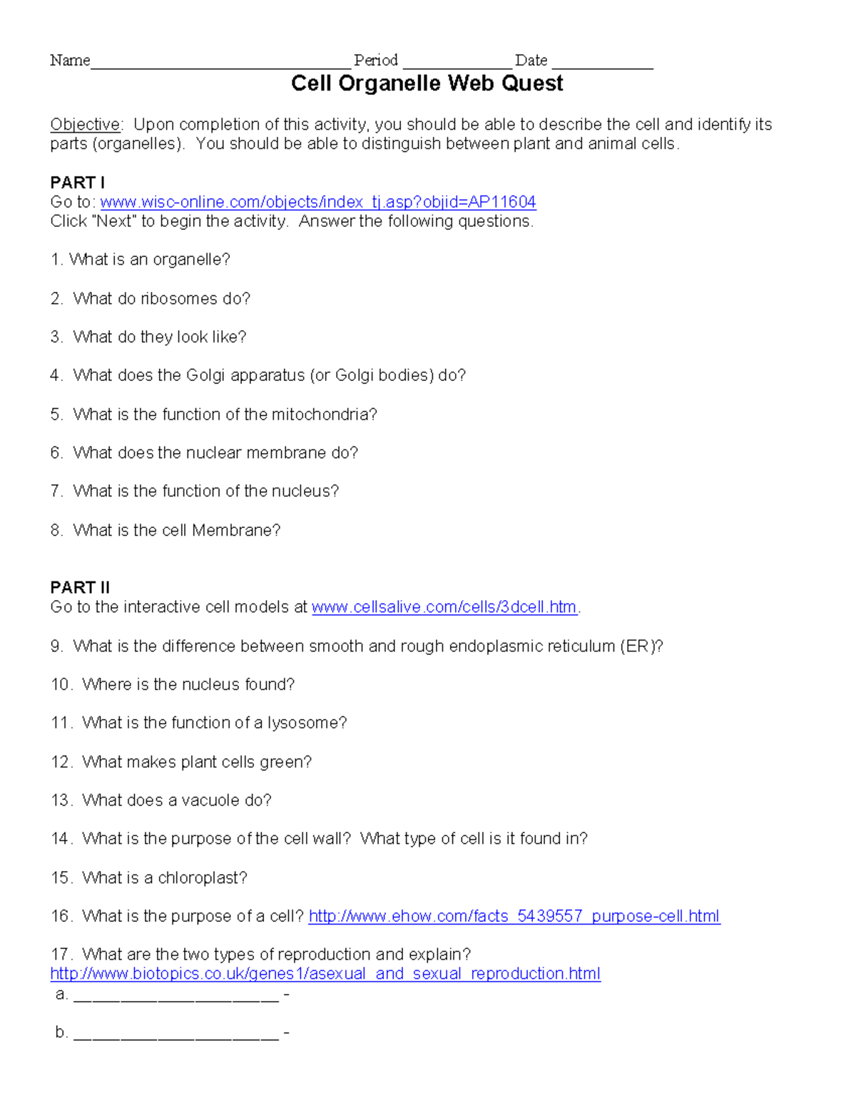 cell-organelle-webquest-student page - Cell Organelle Web Quest ...
