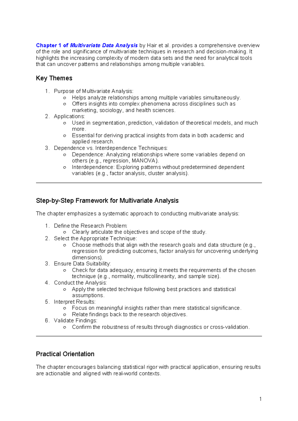 Multivariate Statistics Notes: Chapter 1 Overview and Key Concepts ...