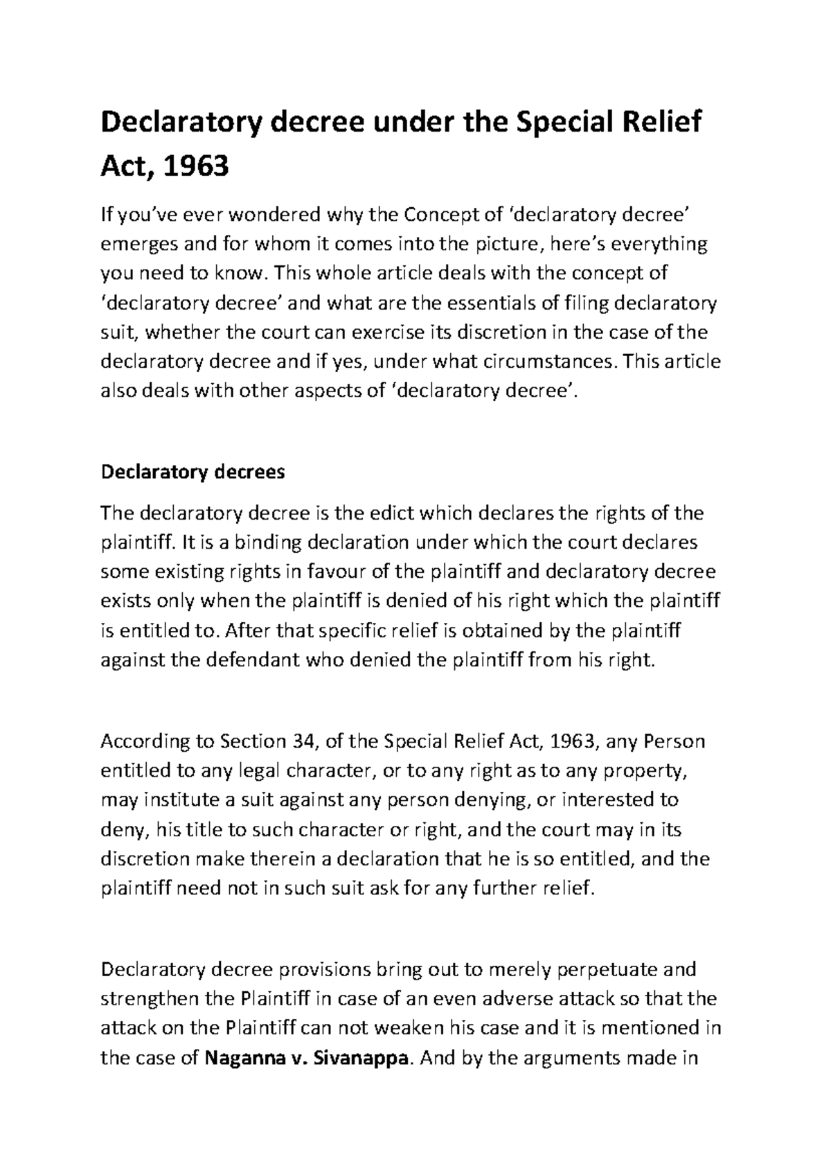 Declaratory decree under the Special Relief Act - Declaratory decree under the Special Relief ...