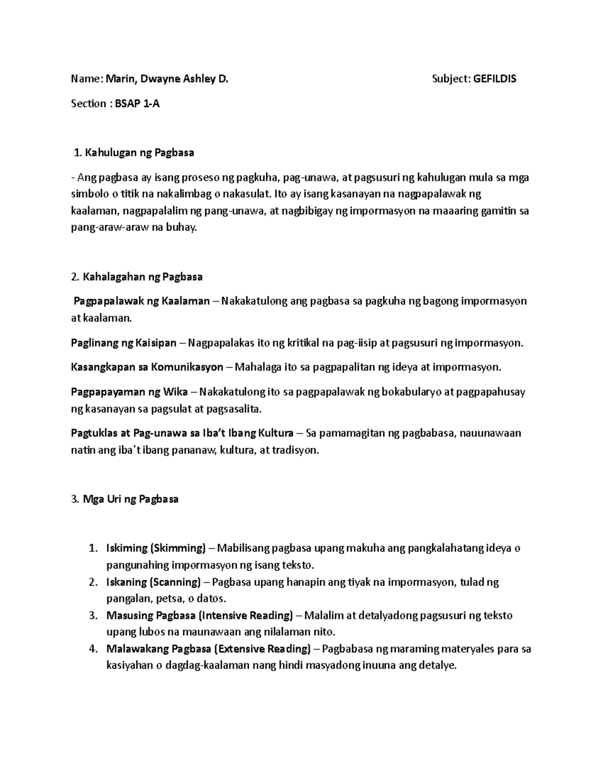 Gefildis Homework 1 - Filipino sa disiplina - Name: Marin, Dwayne ...
